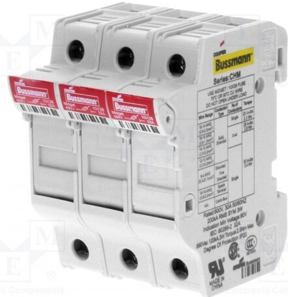 BUSSMANN CHM3DU Zásuvka; válcové pojistky; 10,3x38mm; na přípojnici DIN ...