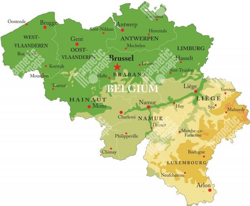 Magnetická mapa Belgie, geografická, reliéfní (pozinkovaný plech) 83 x 67 cm – Zboží Dáma