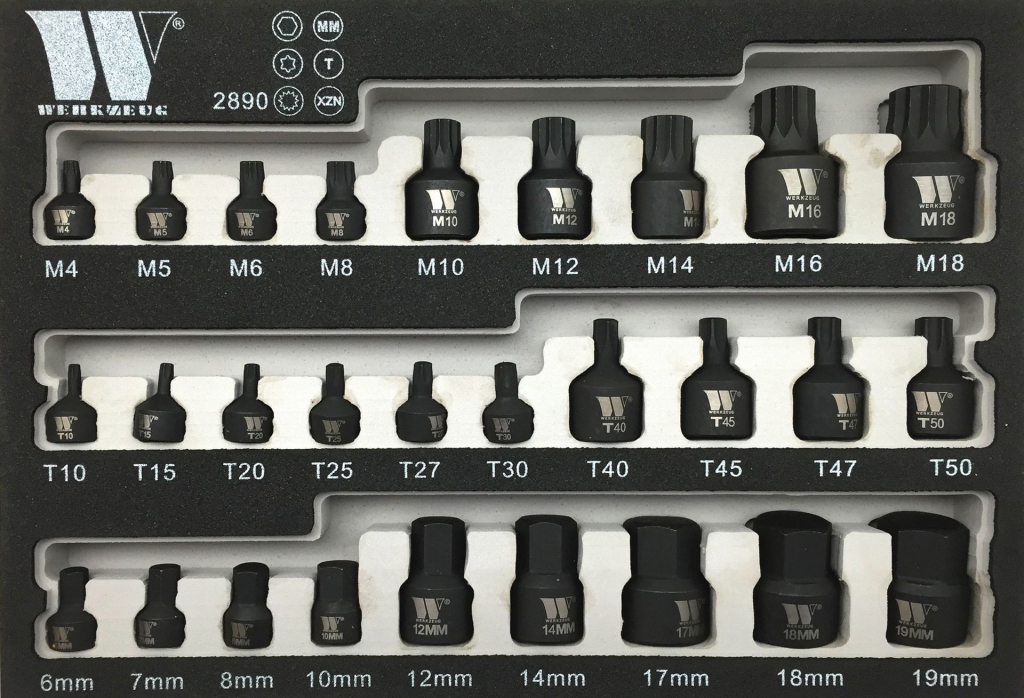 Hlavice zástrčné, Torx T10-T50, Inbus H6-H19, XZN M4-M18, extra krátké ...