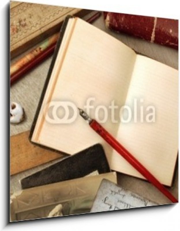 Skleněný obraz 1D - 50 x 50 cm - Vintage writing objects with blank ...