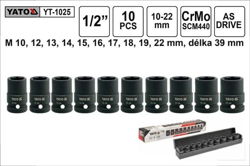 YATO Gola ořechy šestihranné kované 1/2" sada 10 kusů 10-22mm YT-1025 ...